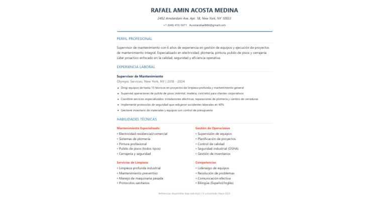 Rafael Amin Acosta Medina - Maintenance Supervisor | PDF