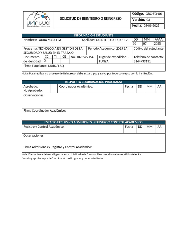 Grc-Fo-06 Solicitud de Reintegro o Reingreso V3 | PDF