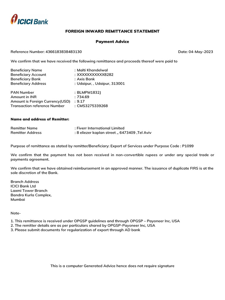Foreign Inward Remittance Statement Payment Advice: Name and Address of ...