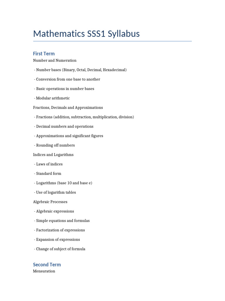 Mathematics SSS1 Syllabus | PDF