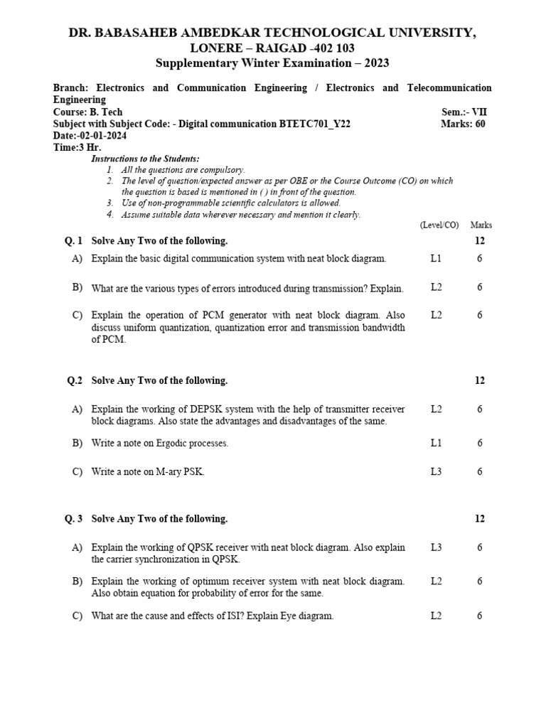 Digital Communication Exam Paper 2023 | PDF | Electronics | Wireless