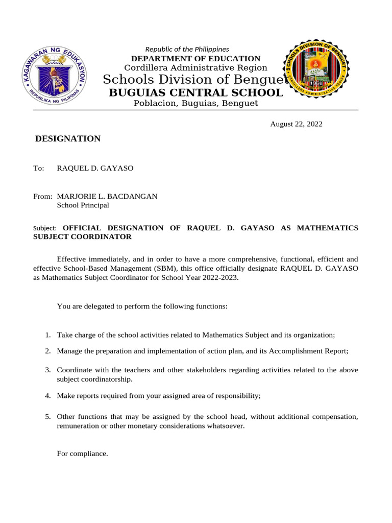 Official Designation of Math Coordinator | PDF