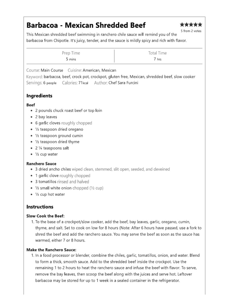 Barbacoa - Mexican Shredded Beef - The Frayed Apron | PDF