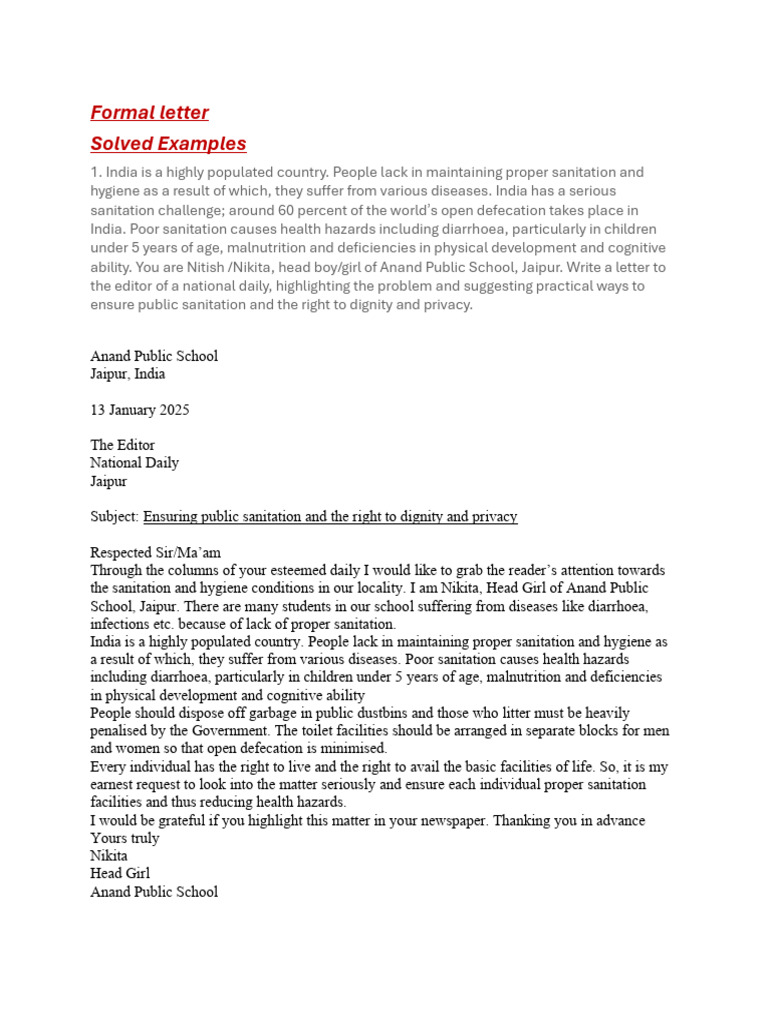 Formal Letter (Solved and Practise Questions) | PDF | Sanitation ...
