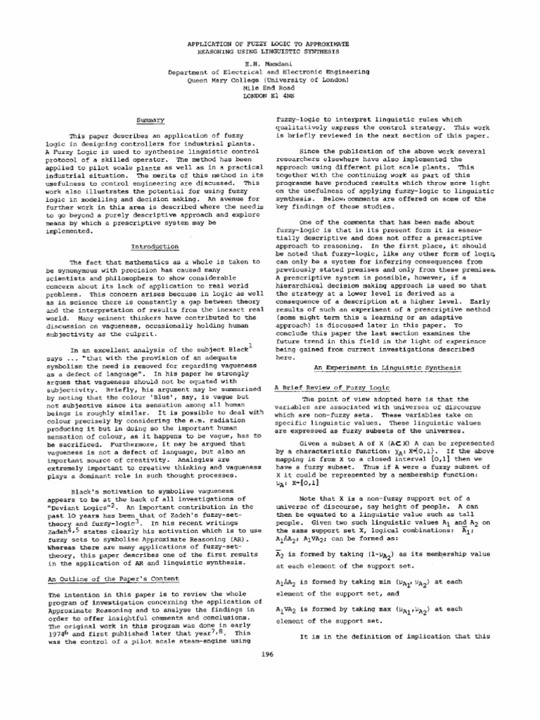 Mamdani Application Of Fuzzy Logic To Approximate Reasoning Using Linguistic Synthesis Pdf