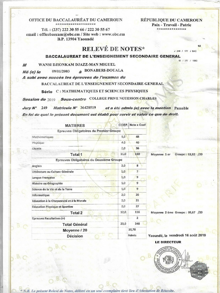 Relévé de Note Bac | PDF