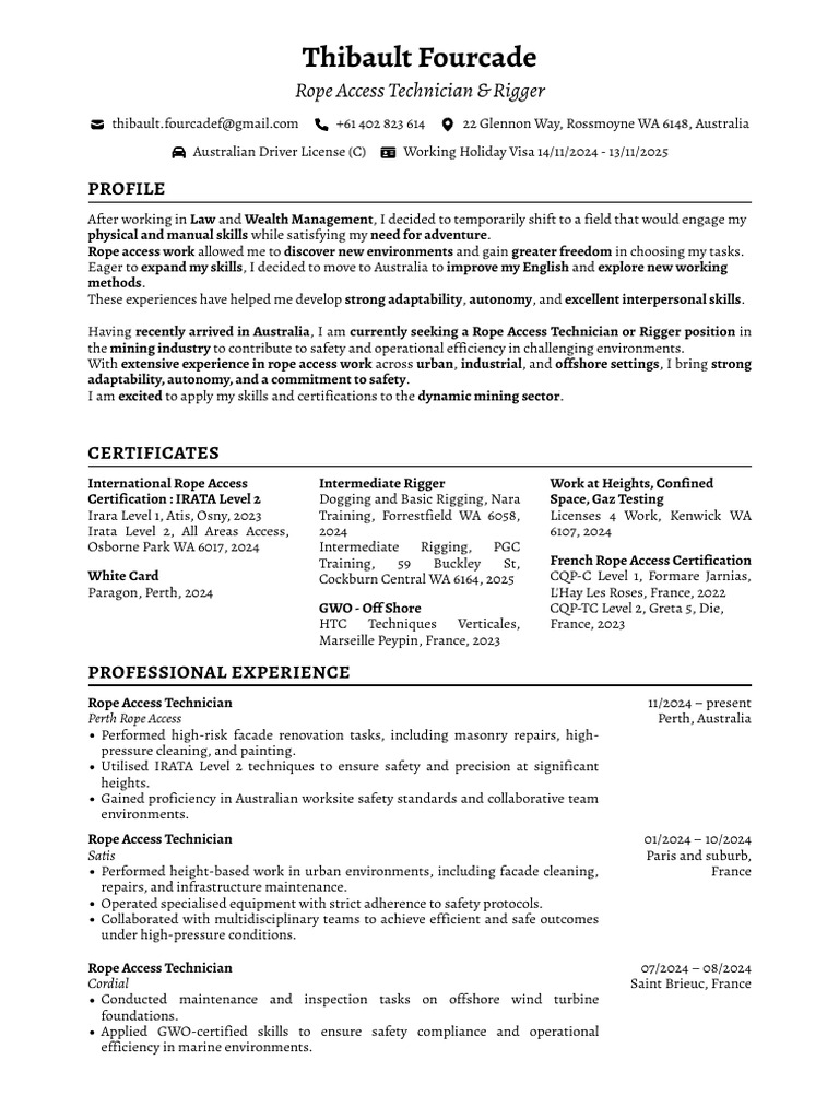 Rigger and Rope Access Technician Resume | PDF
