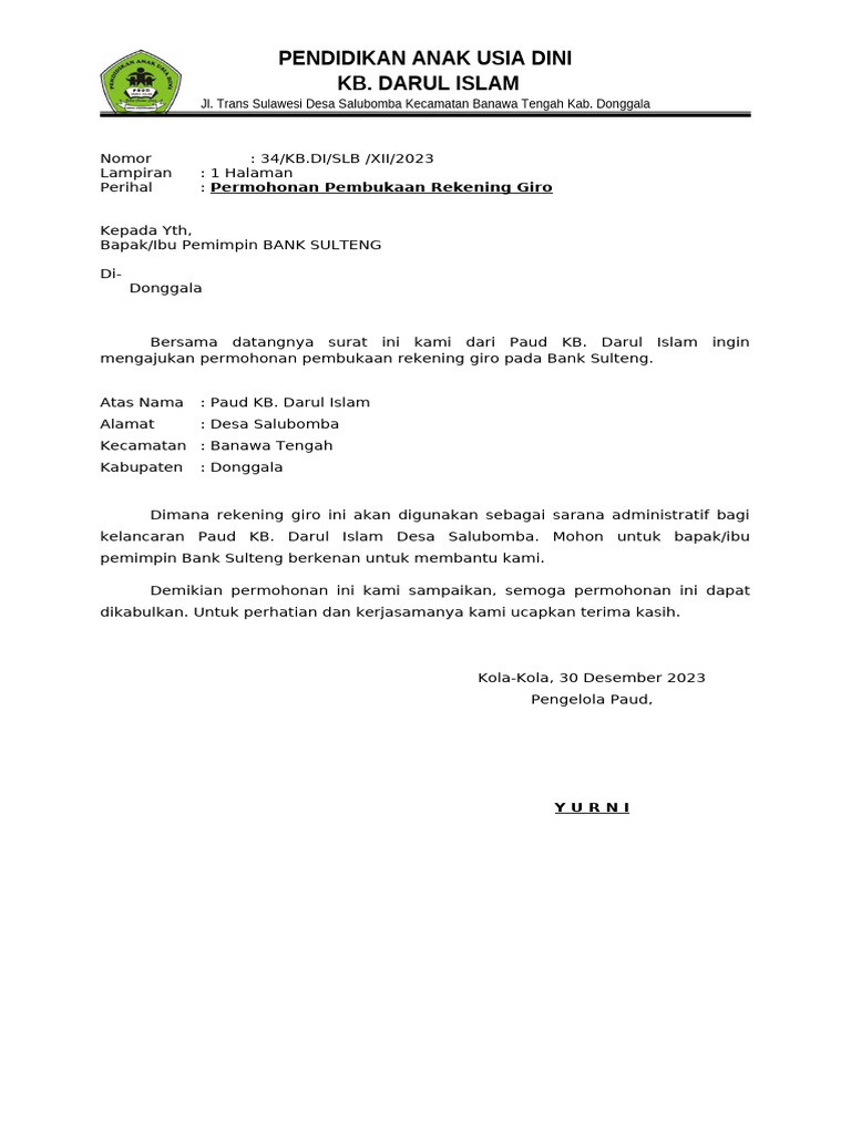 Surat Ketrangan Pengajuan Giro | PDF