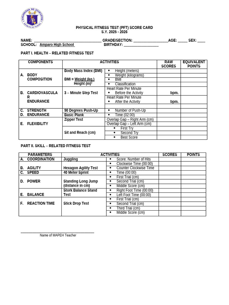 Physical Fitness Test Score Card | PDF | Body Mass Index