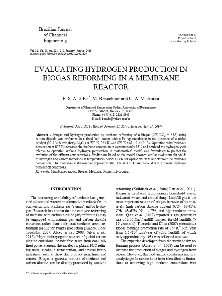 Evaluating Hydrogen Production in Biogas Reforming in A Membrane ...