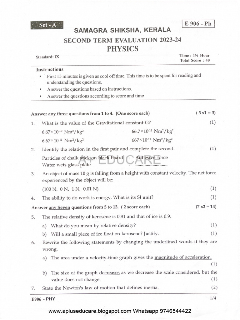 A+ Educare Std-9-Physics-Second Term Exam 2023 QN Paper | PDF