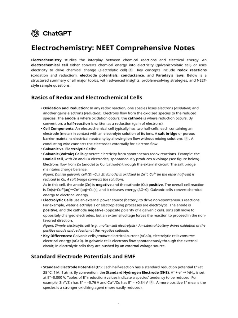 NEET Electrochemistry Study Notes | PDF | Electrochemistry | Redox