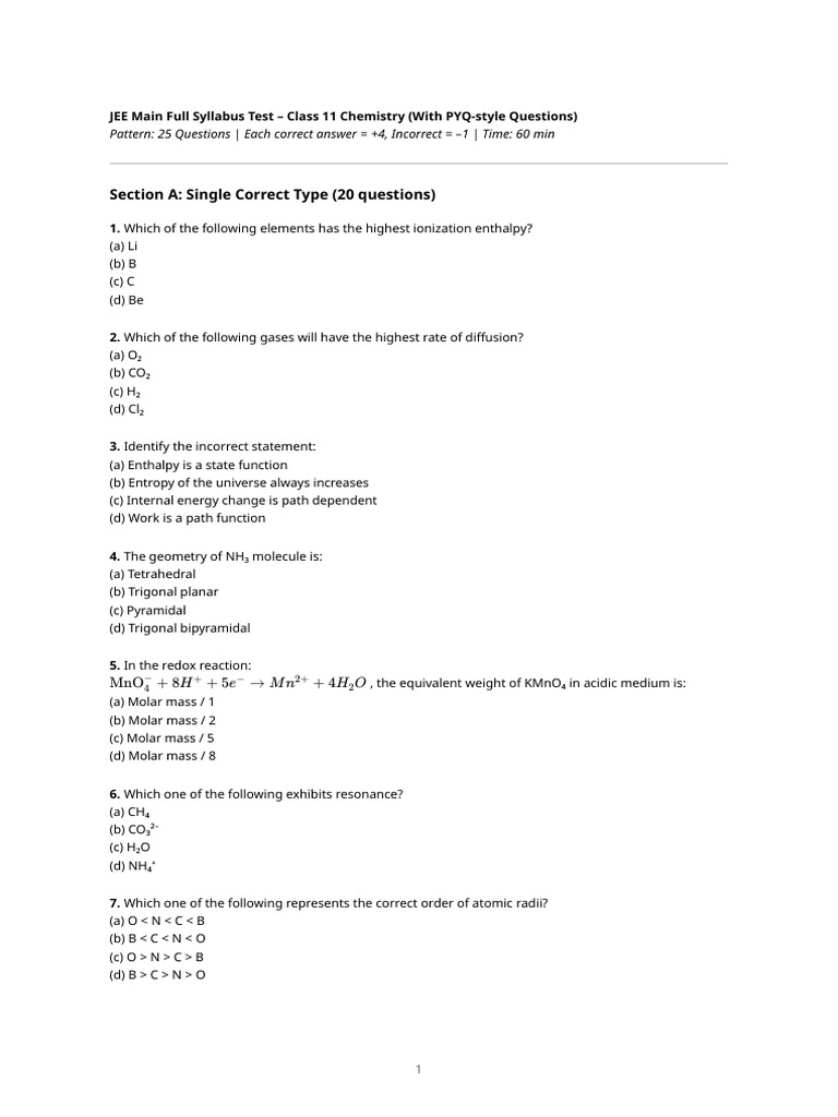 Jee Mains Test Chemistry 11 Pyq Style | PDF | Mole (Unit) | Applied And ...