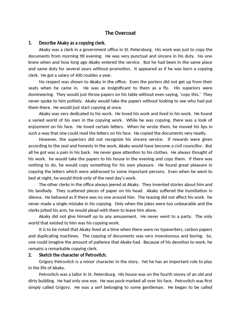 The Overcoat: 1. Describe Akaky As A Copying Clerk | PDF ...