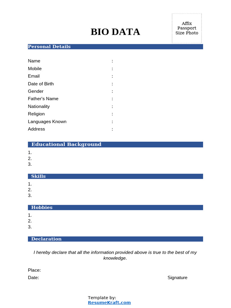 Fresher Bio Data Format 1 | PDF