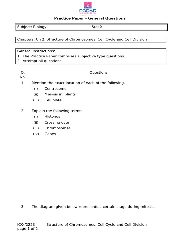 QP - IC - X - Bio - CH 2 - Structure of Chromosomes Cell Cycle and Cell Division - General Qs | PDF