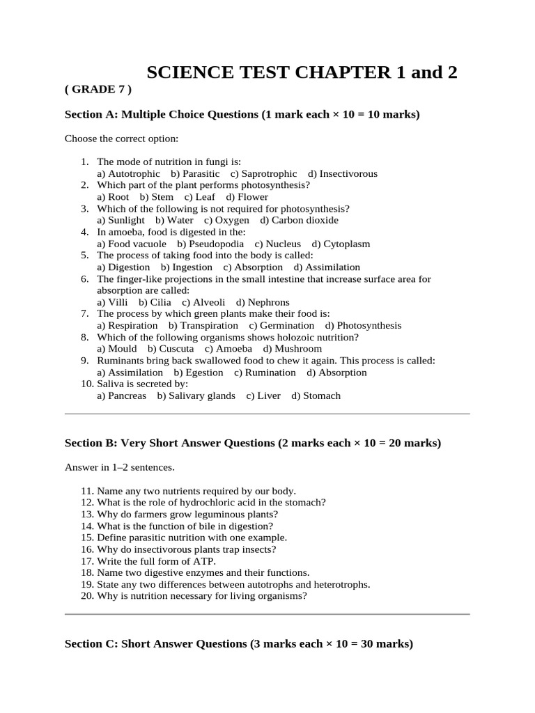 Science Test Chapter 1 and 2 (Grade 7) | PDF | Digestion | Nutrition