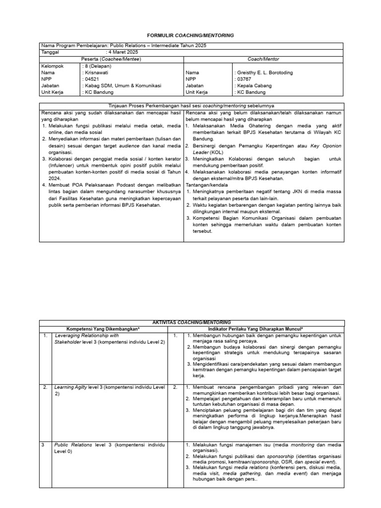 Form Coaching - Mentoring - Krisnawati Dirtama 4 | PDF