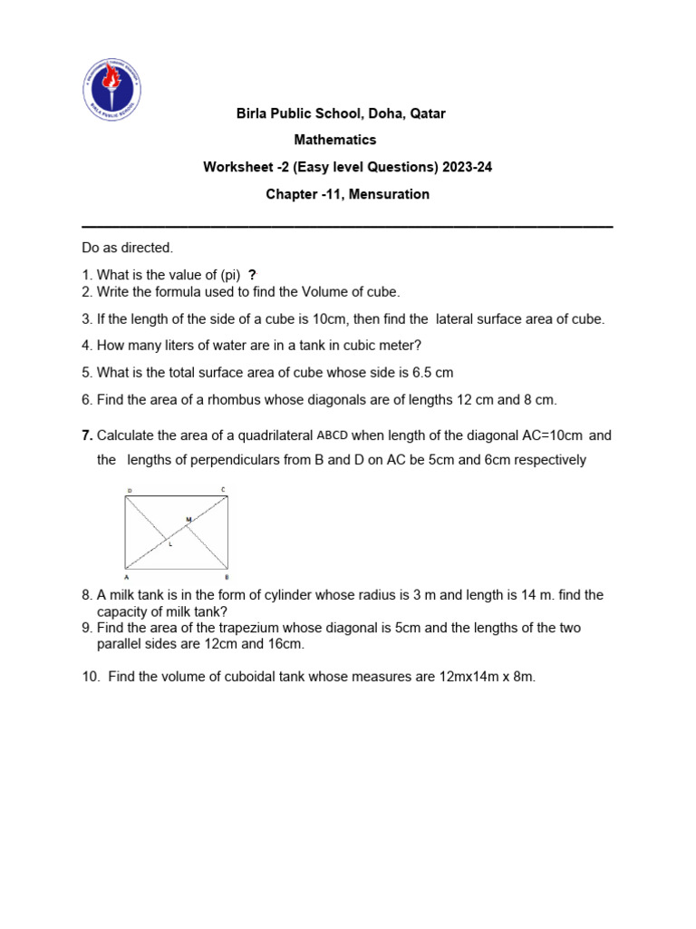 Birla Public School, Doha, Qatar Mathematics Worksheet - 2 (Easy Level ...