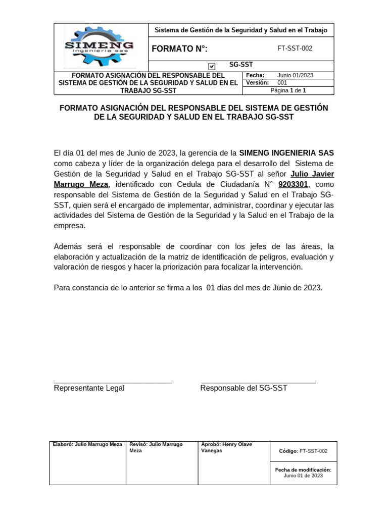 Formato Asignación Responsable de SG-SST | PDF