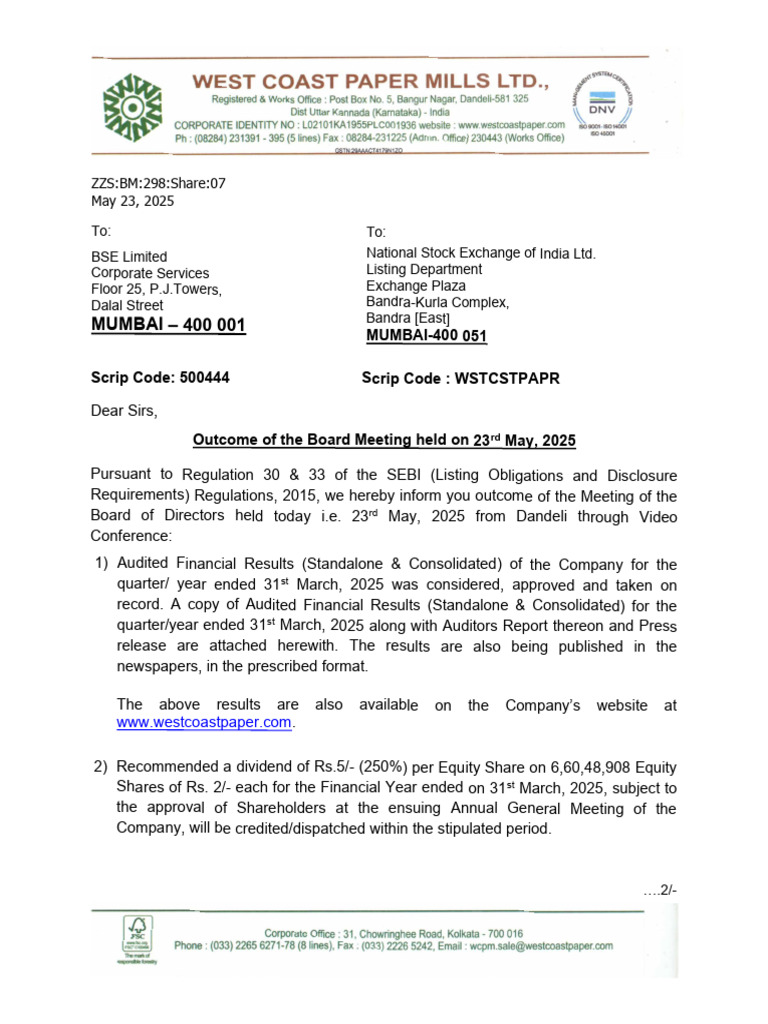 West Coast Paper Mills LTD.,: MUMBAI - 400 001 | PDF | Going Concern ...