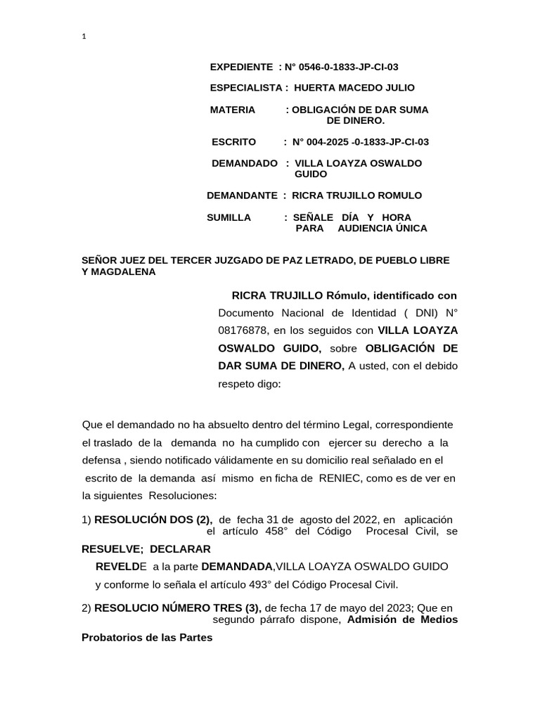Escrito 4-2025 - Señale Audiencia Unica y Declare Revelde A Villa ...