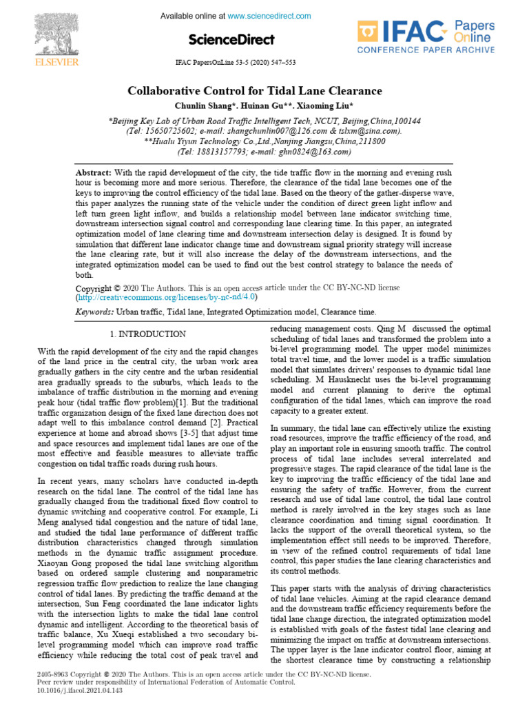Collaborative Control For Tidal Lane Clearance 2020 IFAC PapersOnLine ...