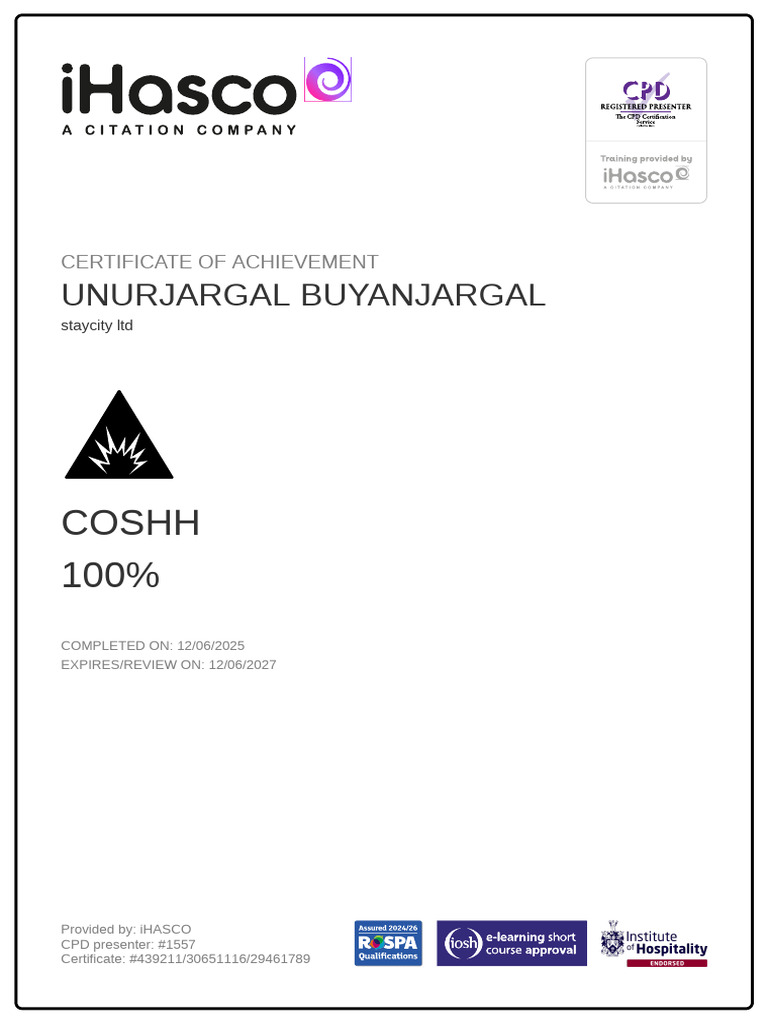 Certificate COSHH 2025-06-12 | PDF