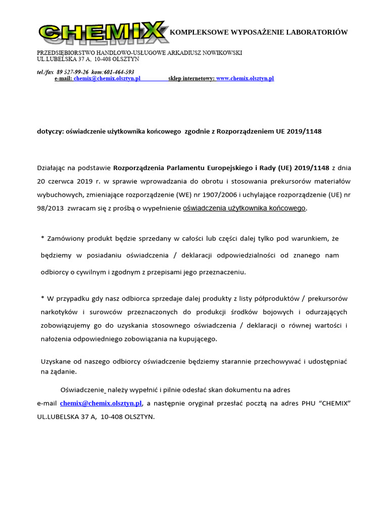 PISMO Oswiad - Uzytkownika Koncowego CHEMIX | PDF