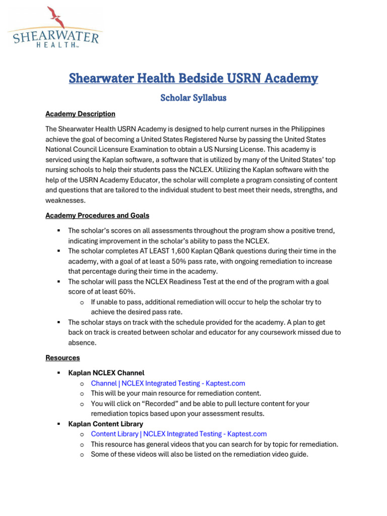 Shearwater Health USRN Academy Bedside Syllabus | PDF | National Council Licensure Examination