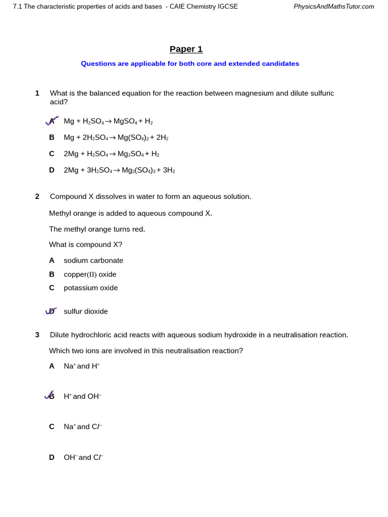 7.1 The Characteristic Properties of Acids and Bases MCQ QP 2 | PDF | Acid | Hydroxide