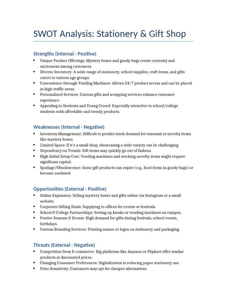 SWOT Analysis Stationery Gift Shop | PDF