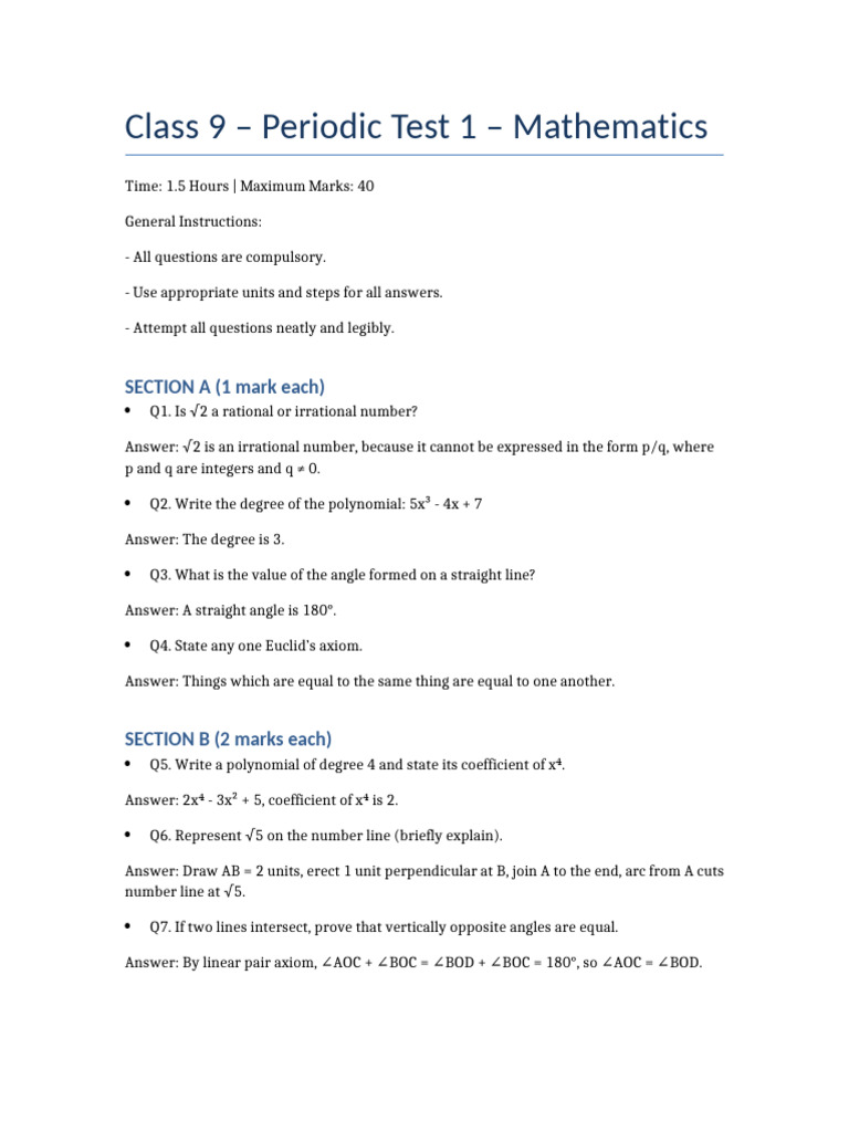 Class 9 Maths Periodic Test 1 | PDF