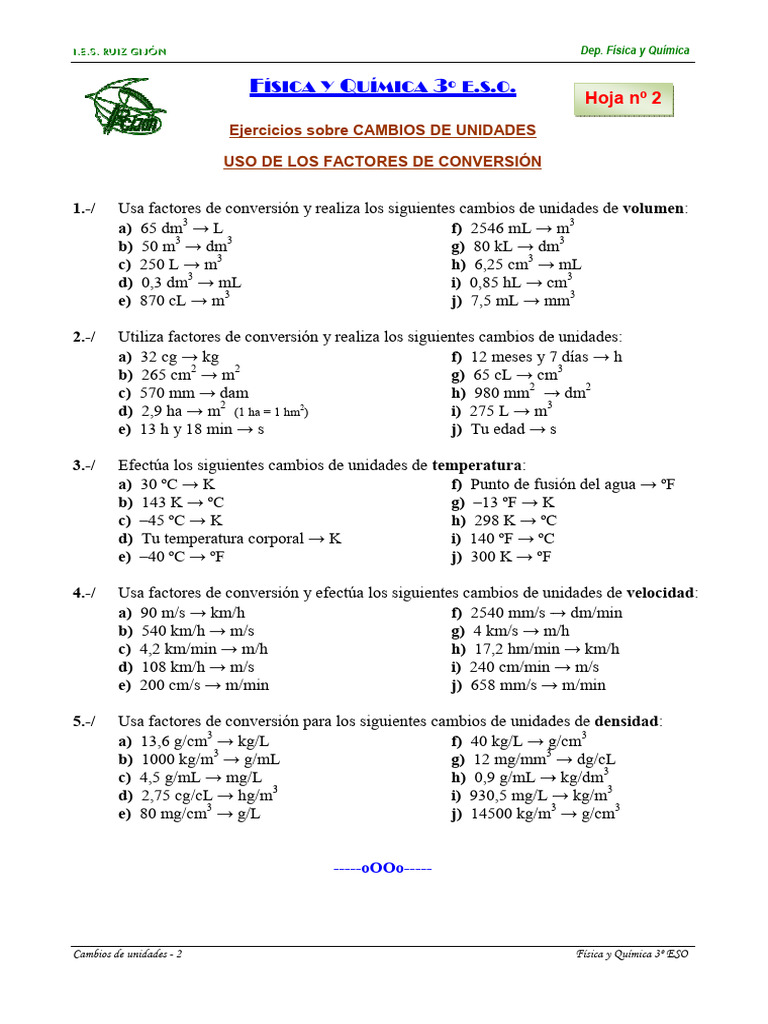 Actividades Factores de Conversión - Hoja 2 | PDF | Sistema ...