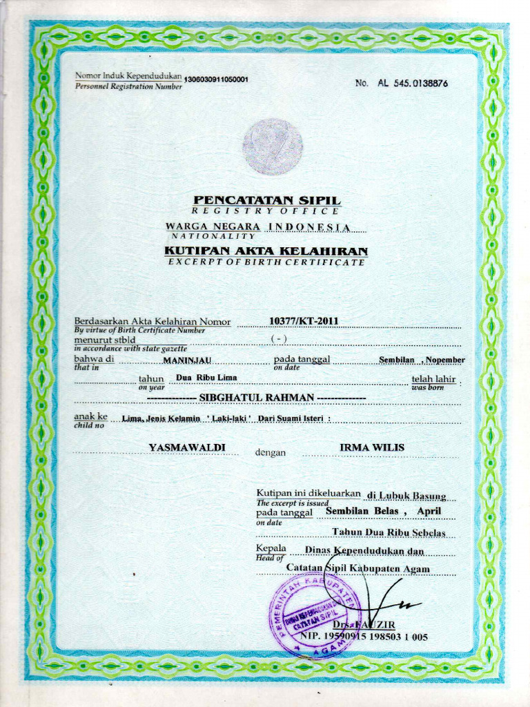 Akte Kelahiran Sibghoh Asli | PDF