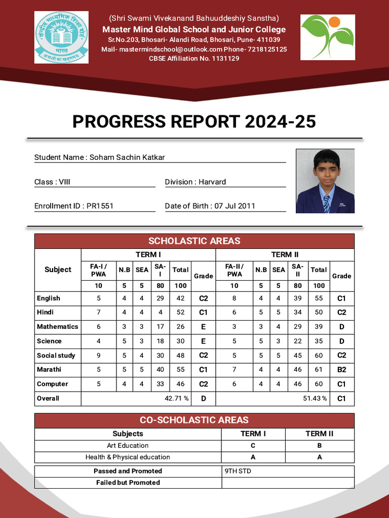 ReportCard - Class-VIII Harvard - Soham Sachin Katkar - pdf-1 | PDF