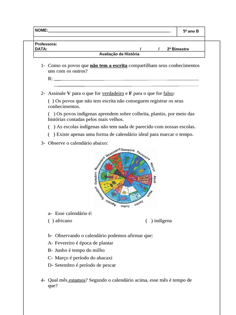Avaliação de História 5º Ano B | PDF | Escrita | Tempo