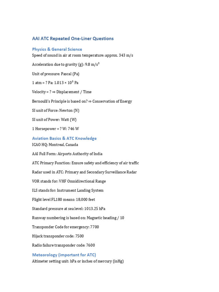 AAI ATC Repeated One Liners | PDF