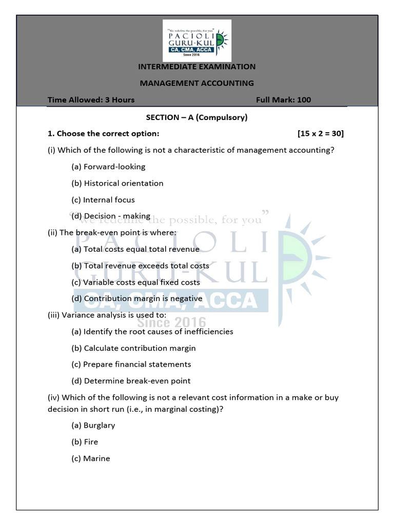 Management Accounting Mock Exam-3 | PDF | Budget | Profit (Economics)
