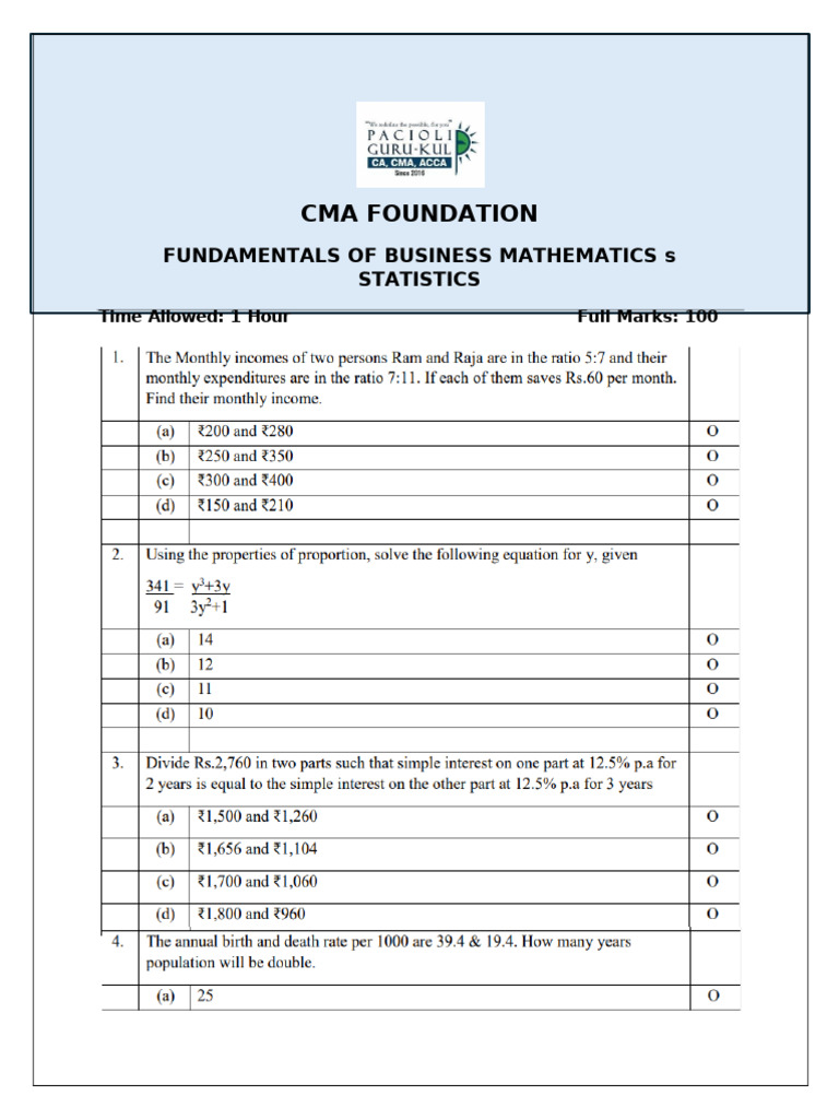 Cma FDN Business Mathematics and Statistics Mock Exam Set 2 | PDF