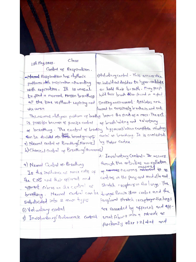 Hand Written Note On Control of Respiration | PDF