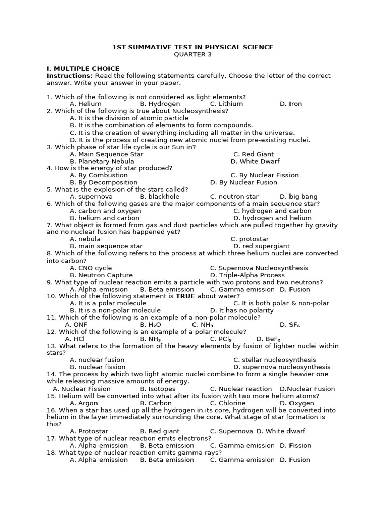 1st Summative Test: Physical Science | PDF | Stars | Chemical Elements