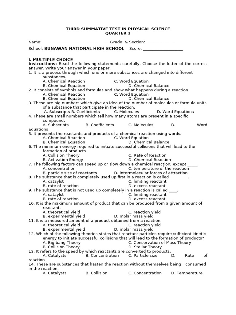 Physical Science Third Summative Test | PDF | Stoichiometry | Reaction Rate