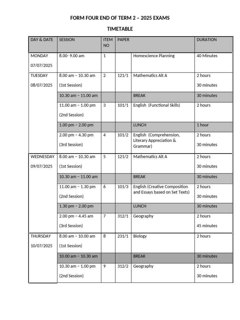 Form 4 End Term 2 Exams - 2025 | PDF