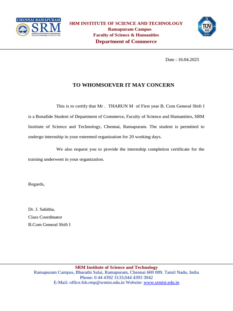 First Year - C Internship Bonafide - Certificate | PDF