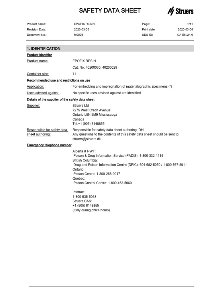EPOFIX Resin Safety Data Sheet | PDF | Toxicity | Dangerous Goods