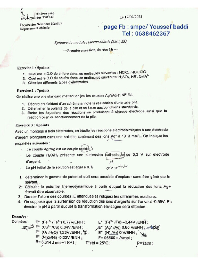Examen Corrigé Electrochimie SMC5 2021 | PDF