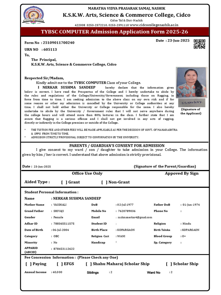 TYBSC COMPUTER Admission Application Form 2025-26: K.S.K.W. Arts ...