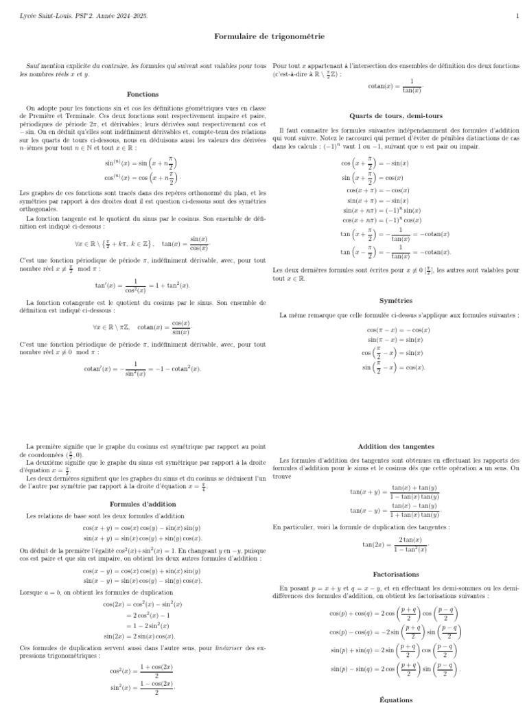 Formulaire de trigonométrie 2024-2025 | PDF | Fonction trigonométrique ...