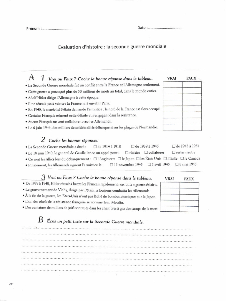 Évaluation sur la Seconde Guerre mondiale | PDF